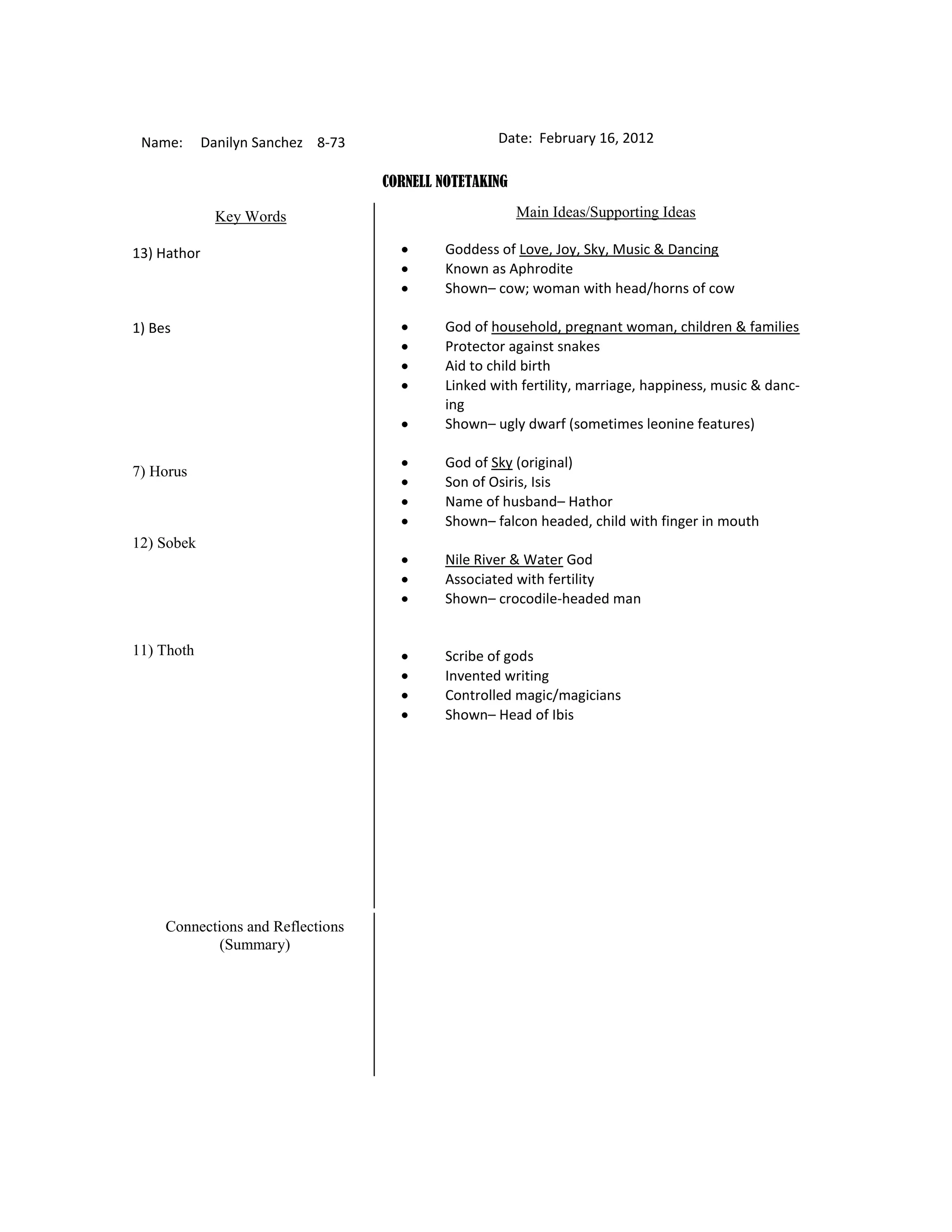 Danilyns Cornell Notes –Ancient Egyptian Gods and Goddesses | PDF