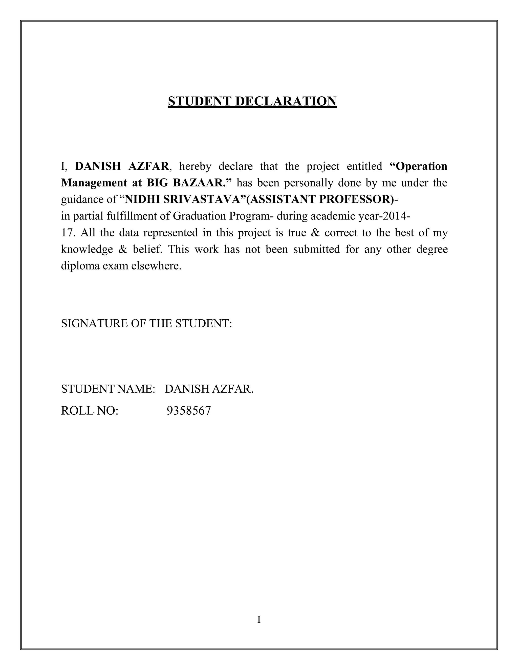 A Study on Operational Management at Big Bazaar | PDF