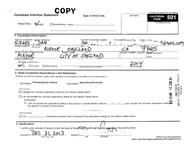 Dan Siegel FPPC Form 501 | PDF