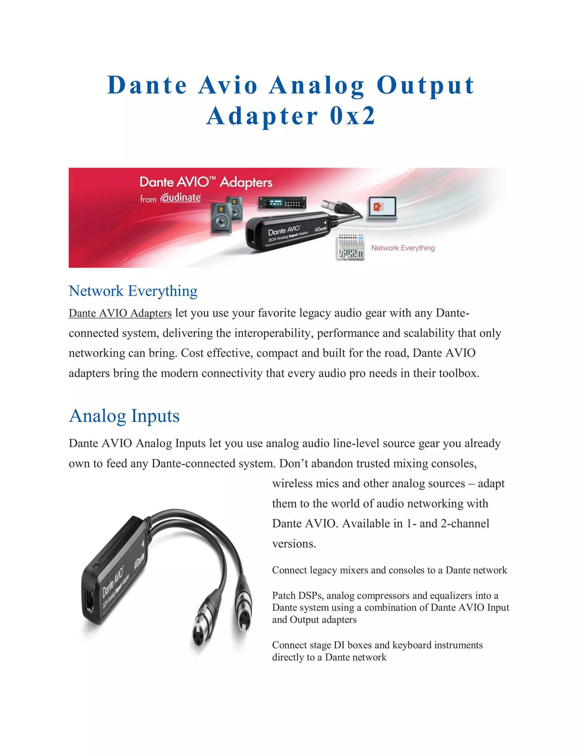 Dante Avio Analog Output Adapter 0x2 | PDF