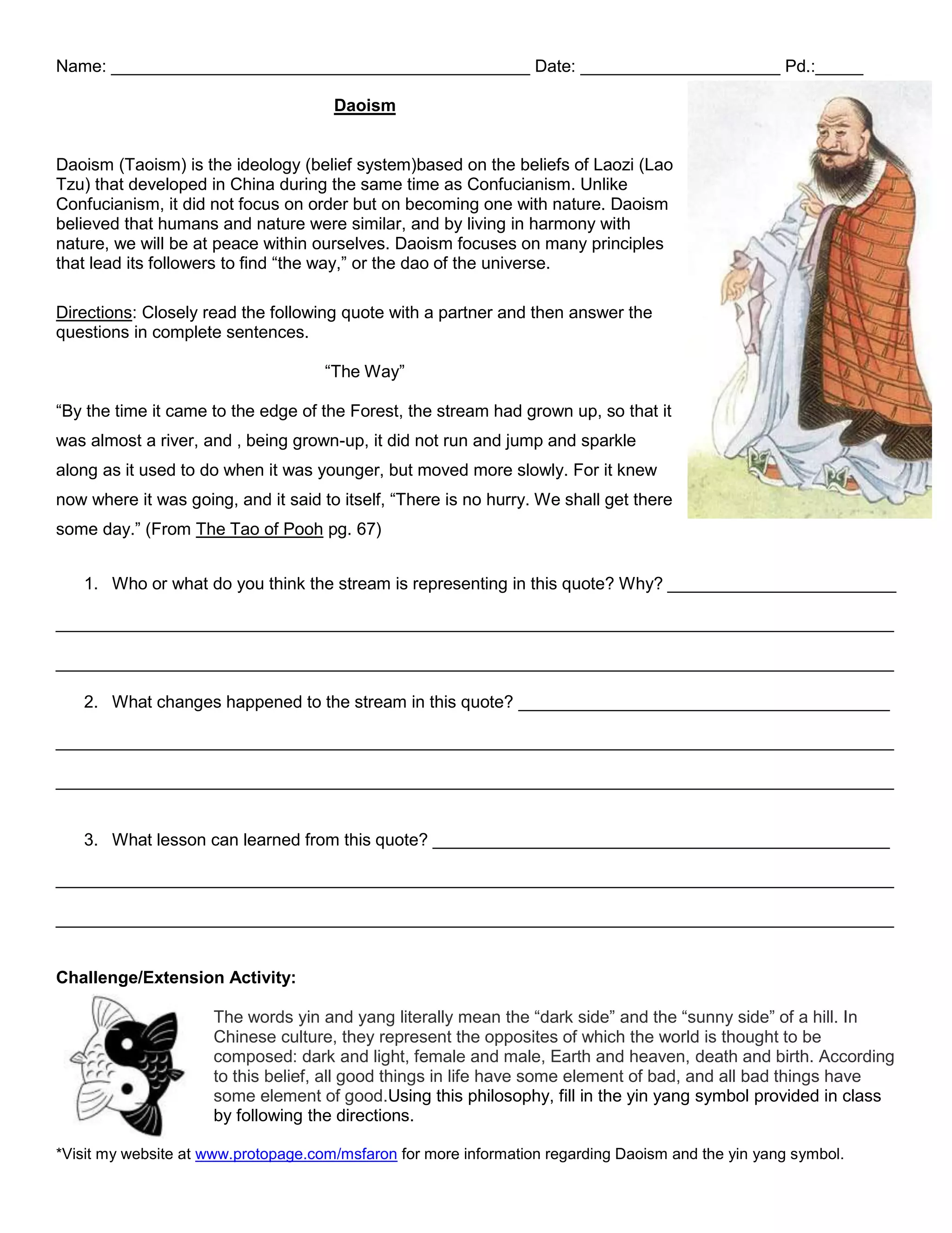 Daoism classwork sheet | DOCX