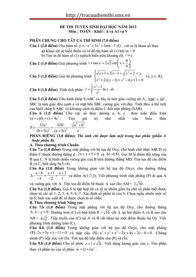 Dap an de thi dai hocmon toan khoi a a1 v nam 2013 | PDF