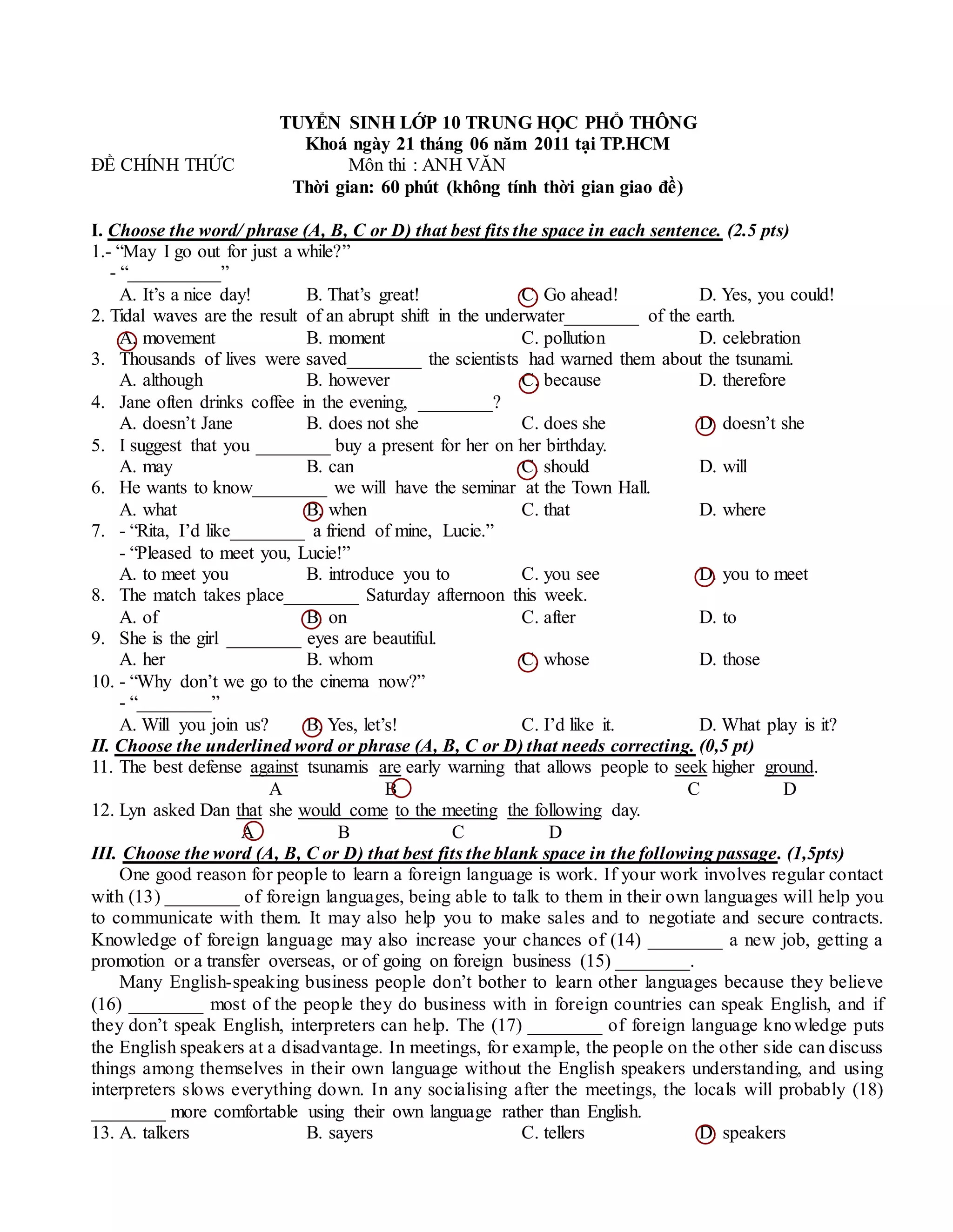 Dap an-tong-hop-de-thi-tuyen-sinh-vao-lop-10-mon-tieng-anh-cac-tinh | PDF | Free Download