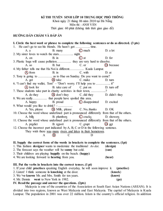 Dap an-tong-hop-de-thi-tuyen-sinh-vao-lop-10-mon-tieng-anh-cac-tinh | PDF | Free Download