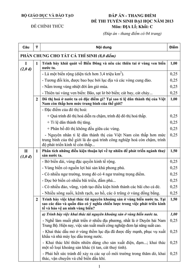 Dap an de thi mon dia ly khoi c nam 2013 cua bo Giao Duc va Dao Tao | PDF