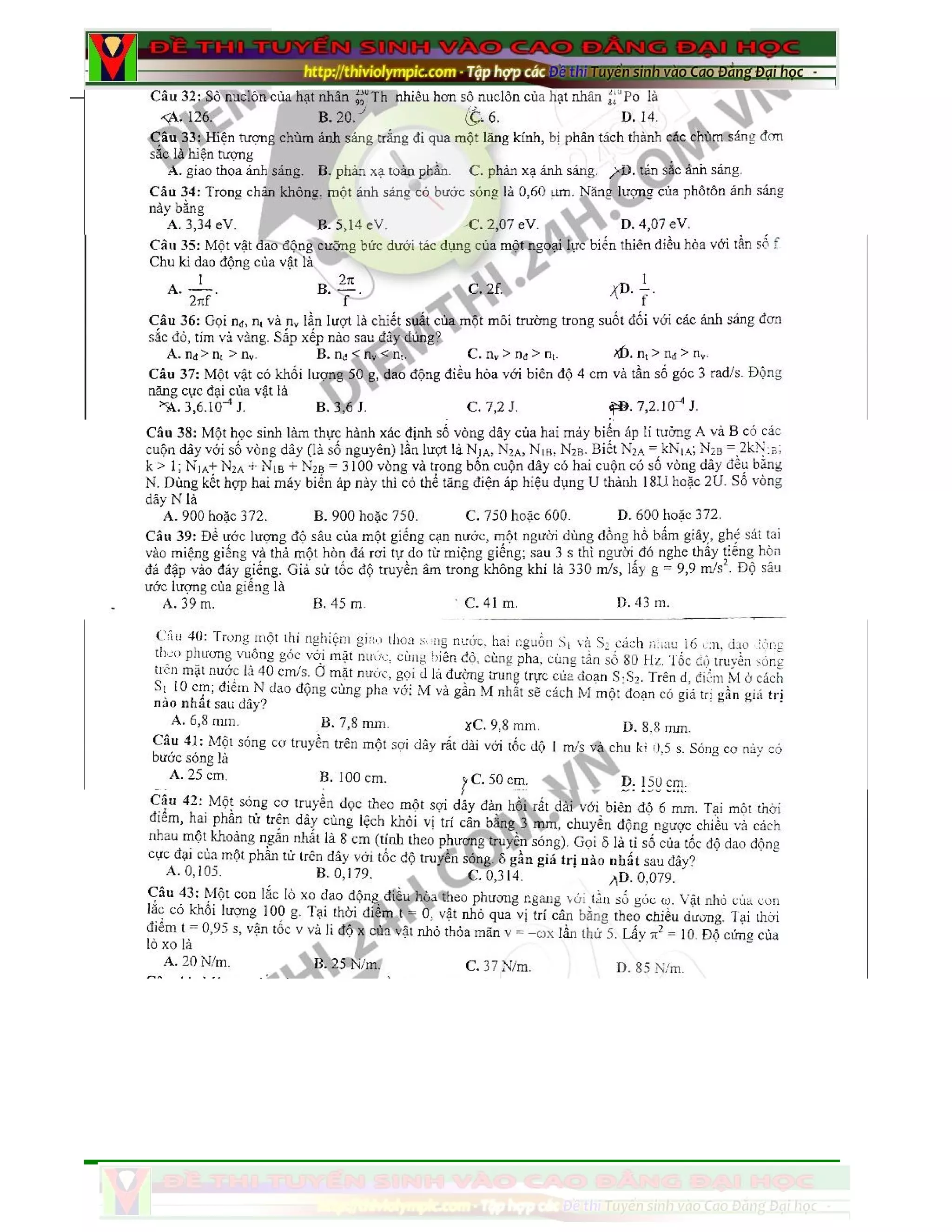 Dap an de thi tuyen sinh dại hoc vat ly khoi a 2014 | DOC