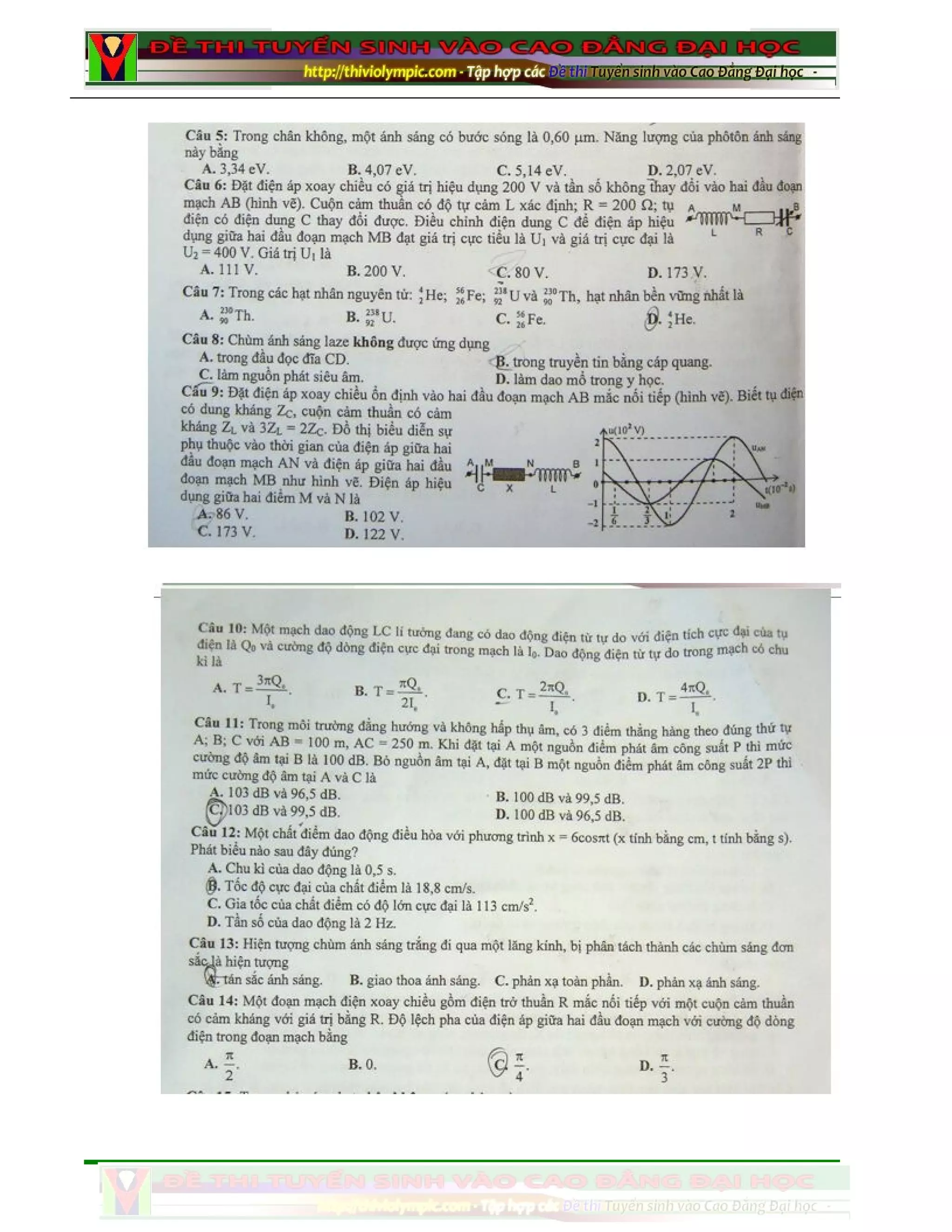 Dap an de thi tuyen sinh dại hoc vat ly khoi a 2014 ma 746 | PDF