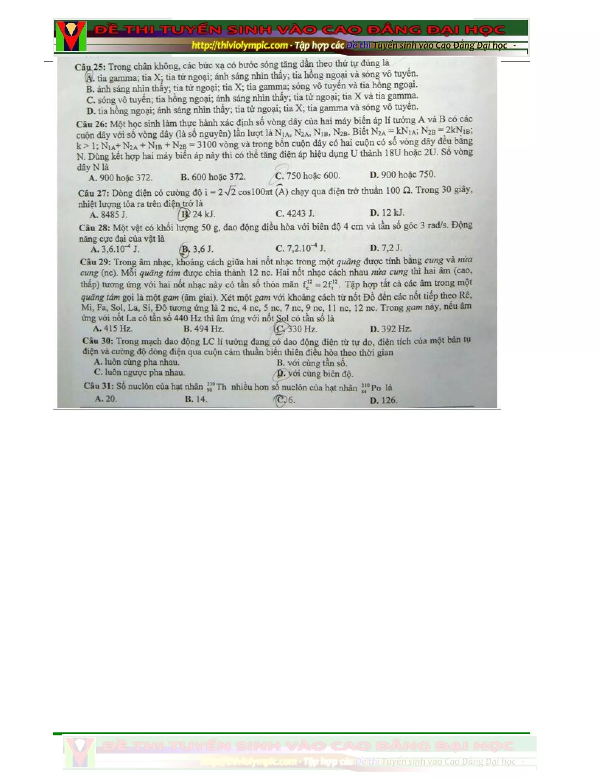 Dap an de thi tuyen sinh dại hoc vat ly khoi a 2014 ma 746 | PDF