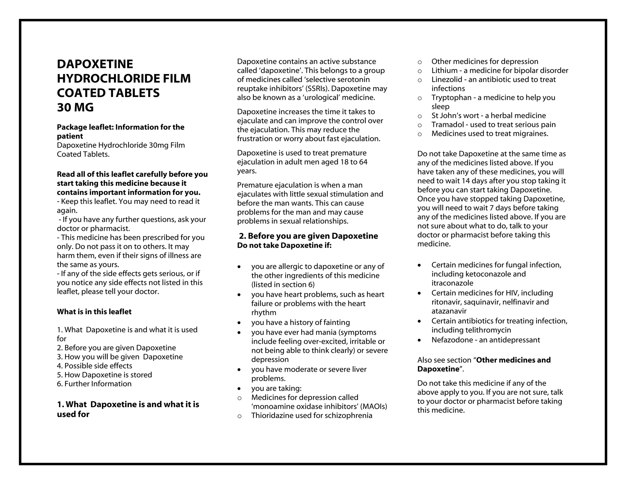 Dapoxetine hydrochloride 30mg film coated tablets pil, taj ...