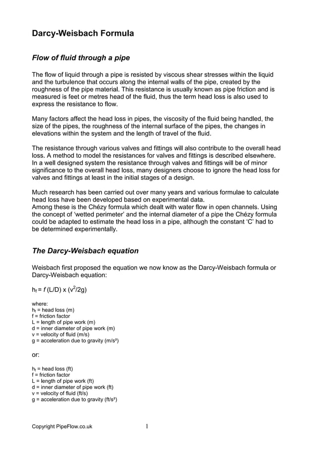 Darcy weisbach formula | PDF | Physics | Science