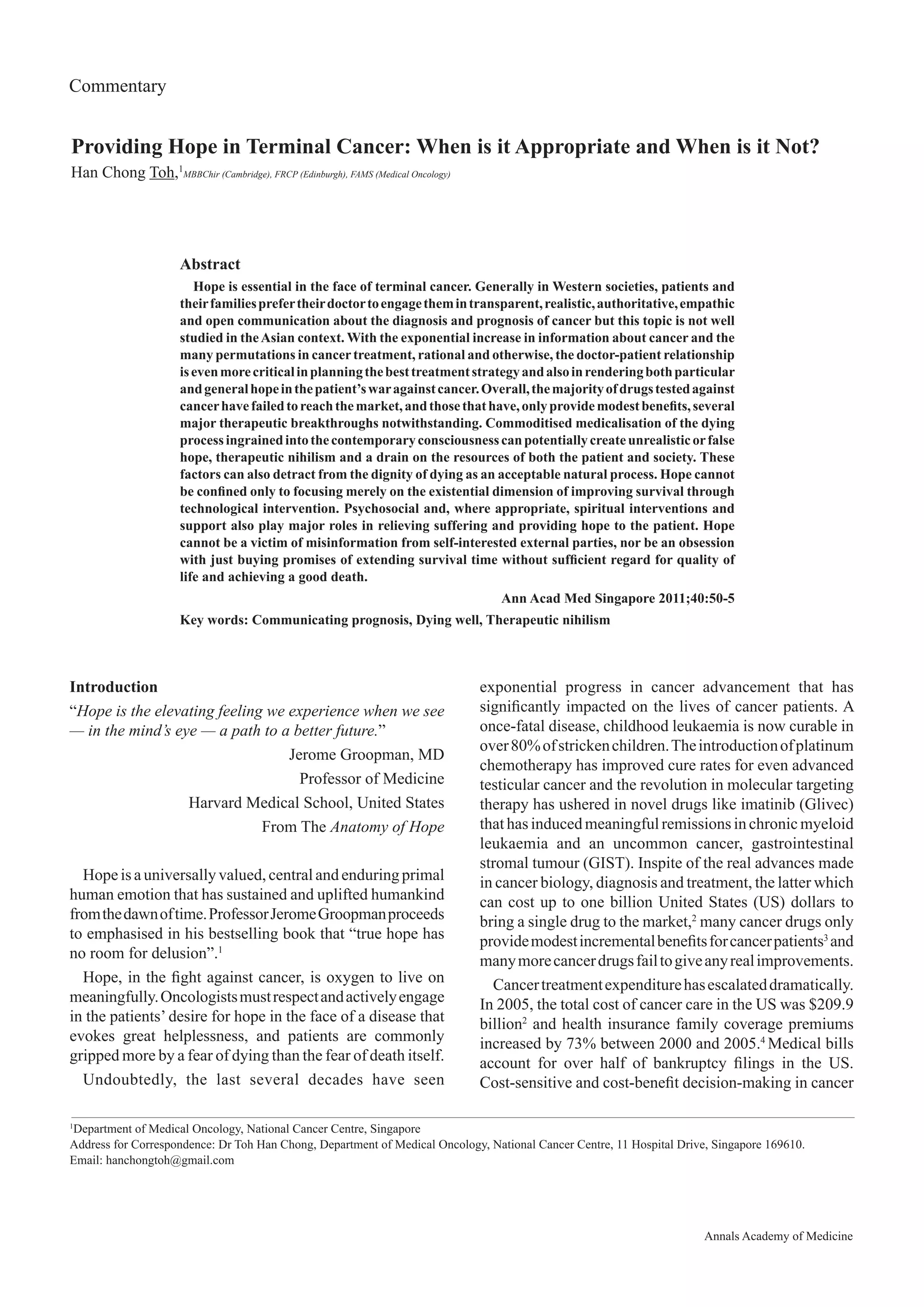 Providing Hope in Terminal Cancer: When is it Appropriate and When is ...
