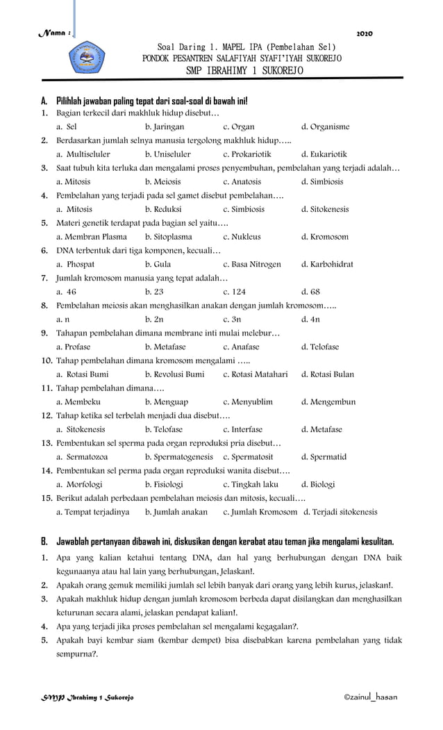 Daring 1. soal latihan pembelahan sel | PDF