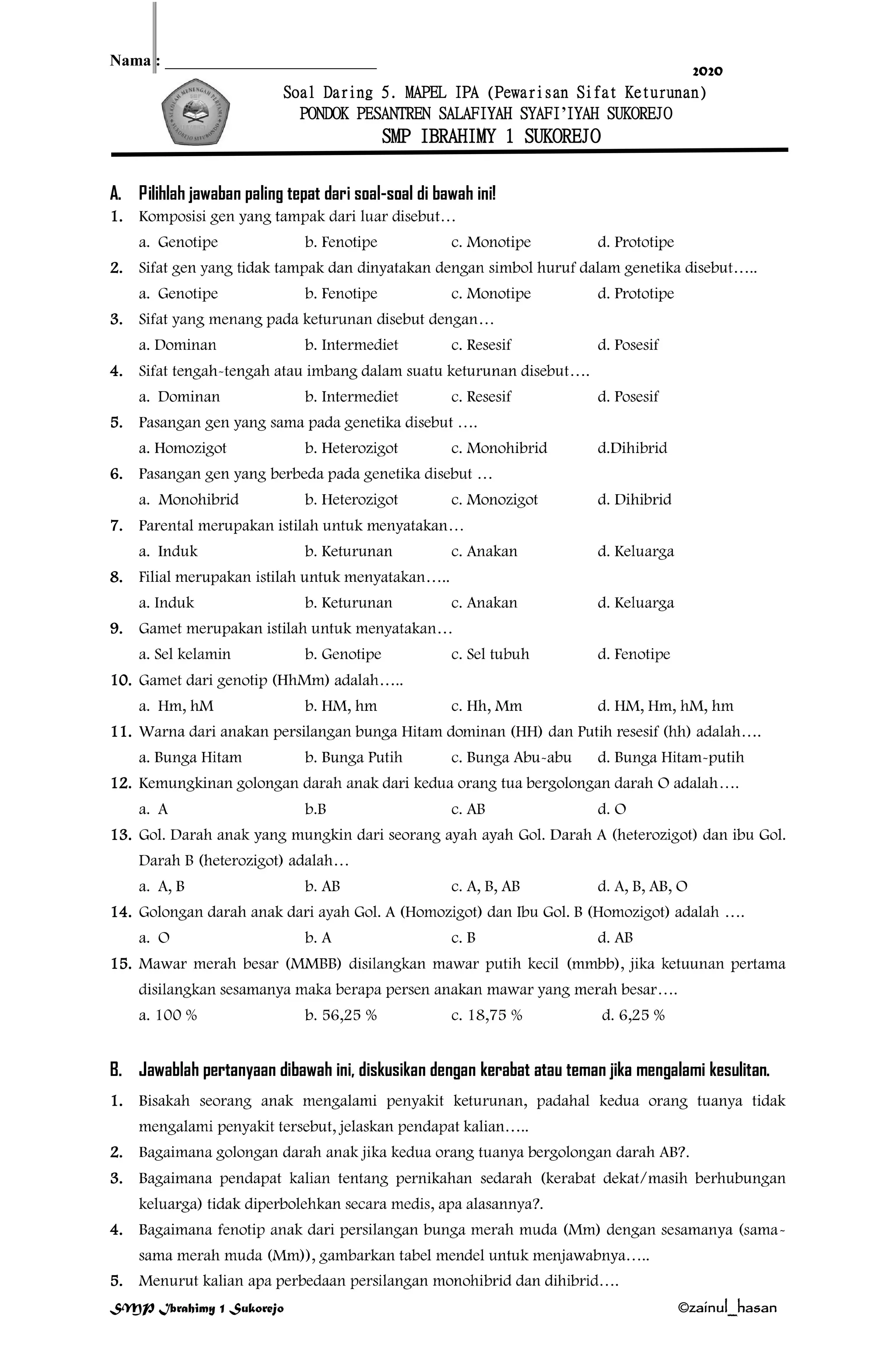Daring 5. soal latihan pewarisan sifat | PDF
