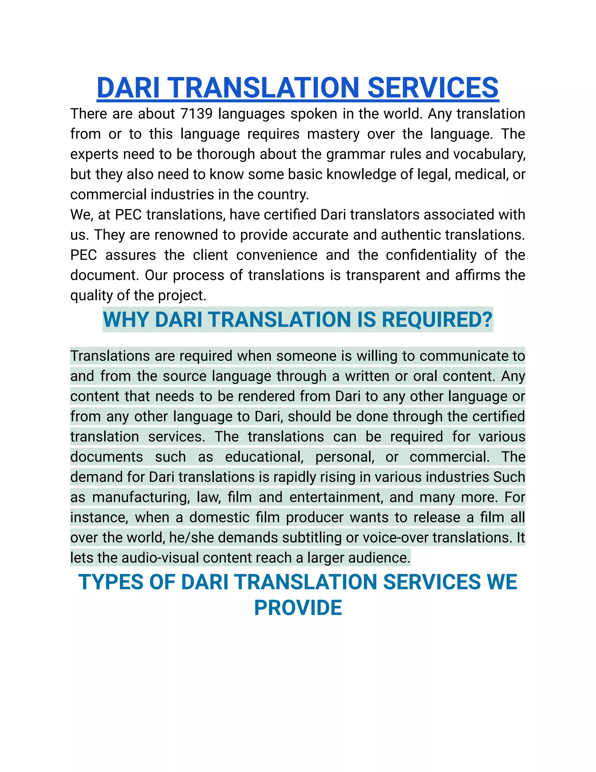 Dari translation services | PDF