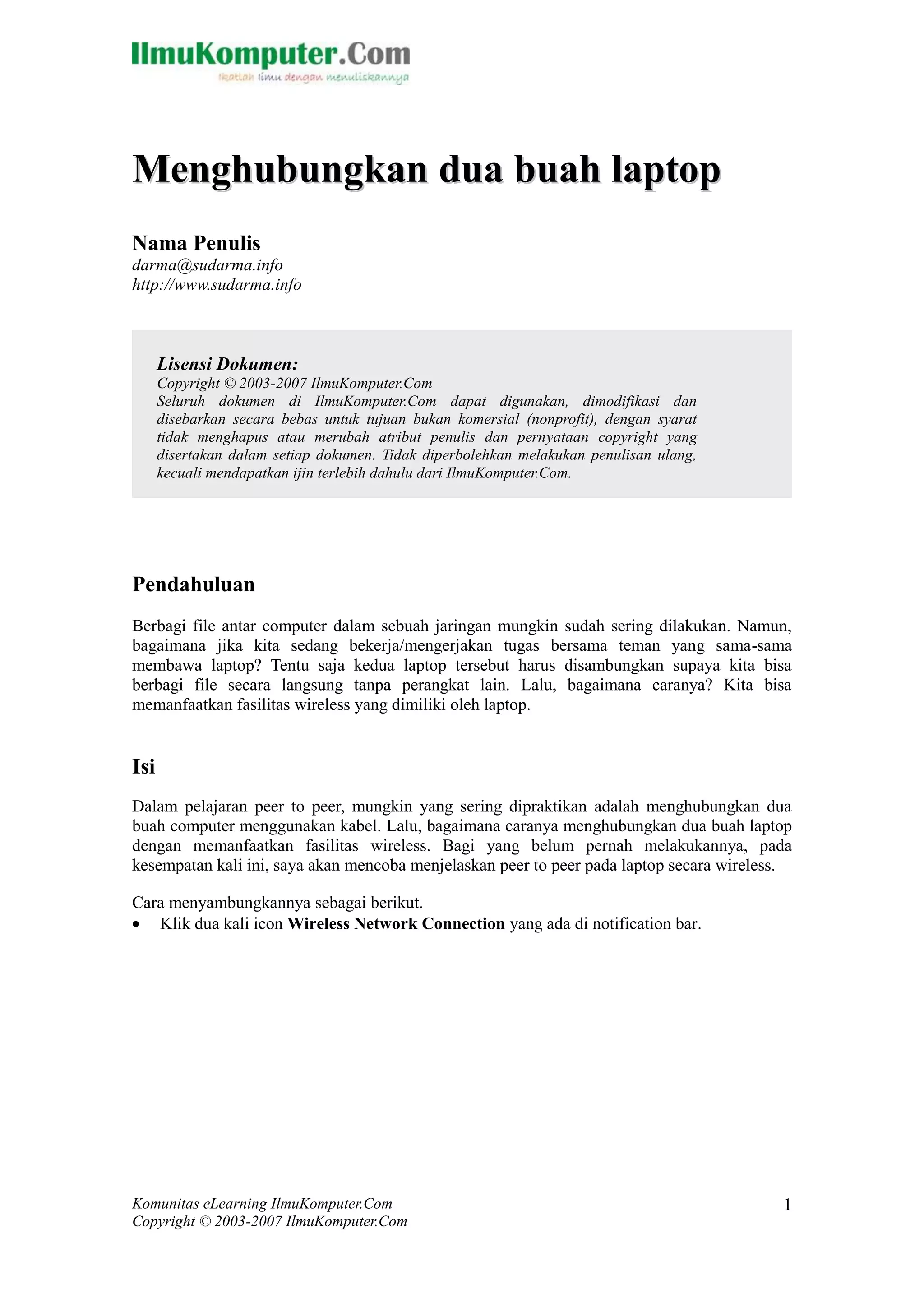 Menghubungkan dua Laptop dengan Wireless | PDF