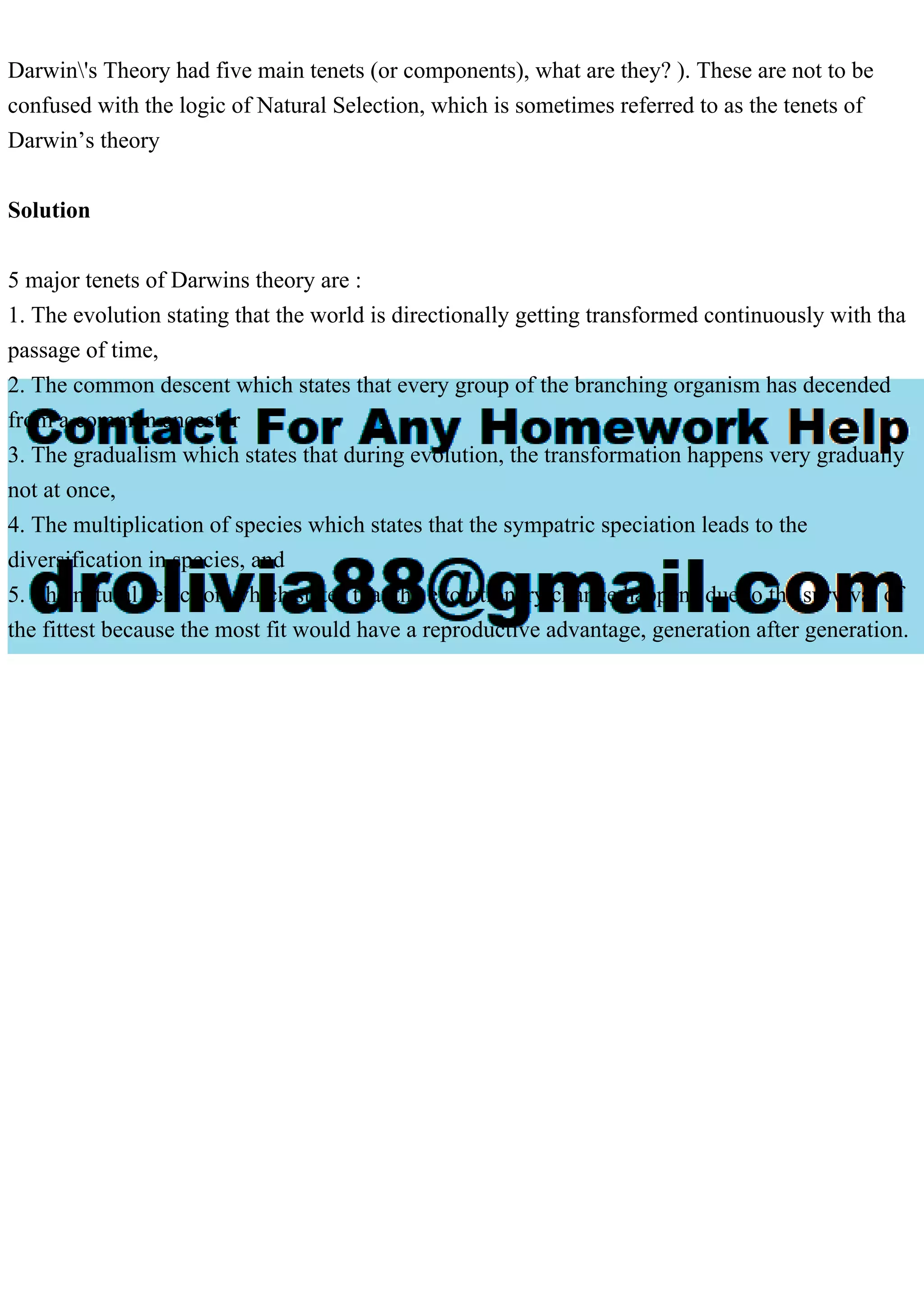 Darwins Theory had five main tenets (or components), what are they.pdf