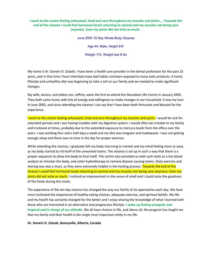 Fresh Start (14 day program) Testimonial - Darwin zalaski june 2005 | PDF