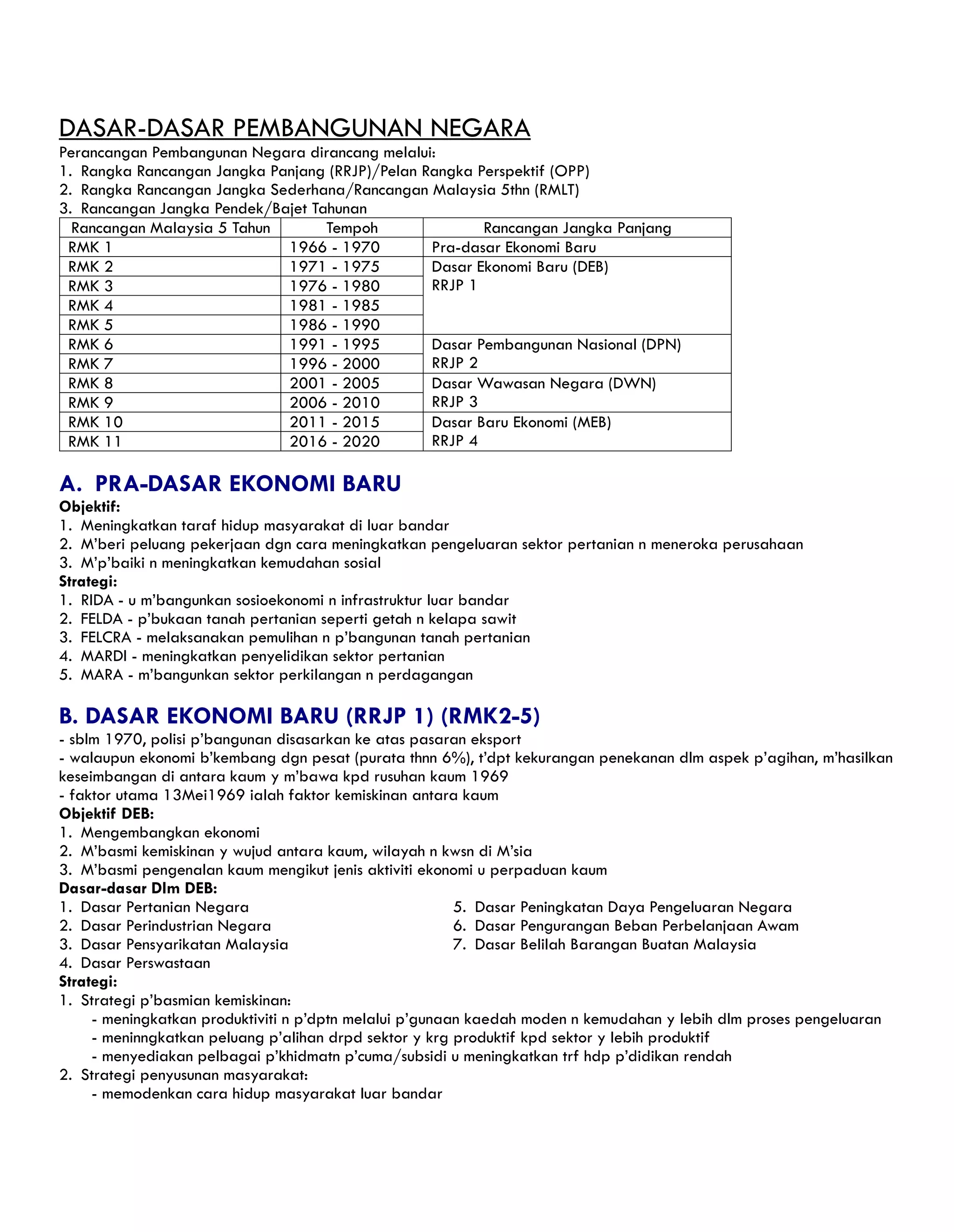 Dasar Pembangunan Negara Malaysia Sepintas Lalu | PDF