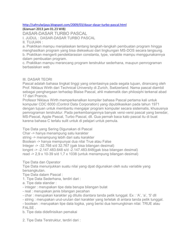 Dasar dasar turbo pascal | DOCX