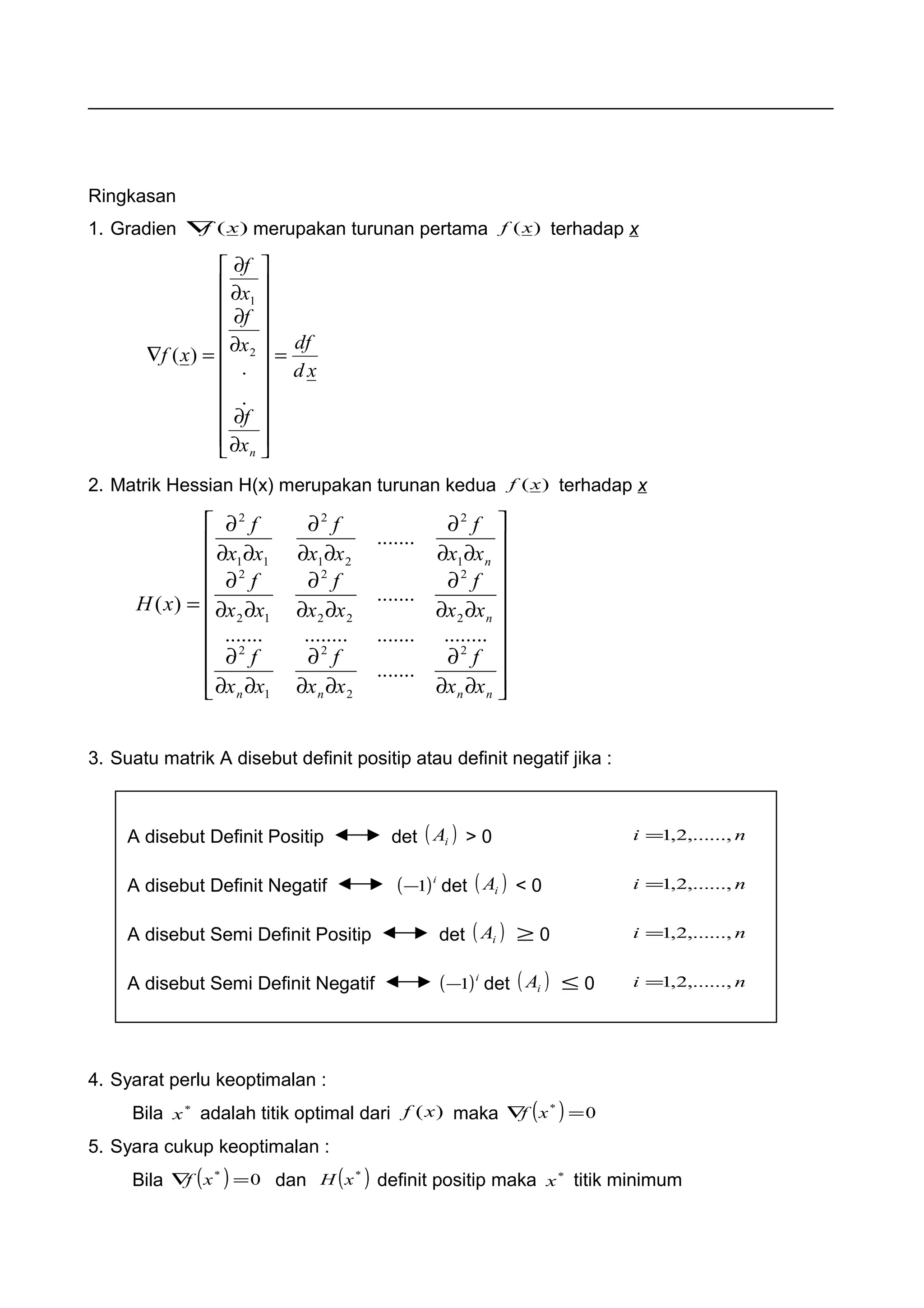 Dasar dasar matematika teknik optimasi (matrix hessian) | DOC