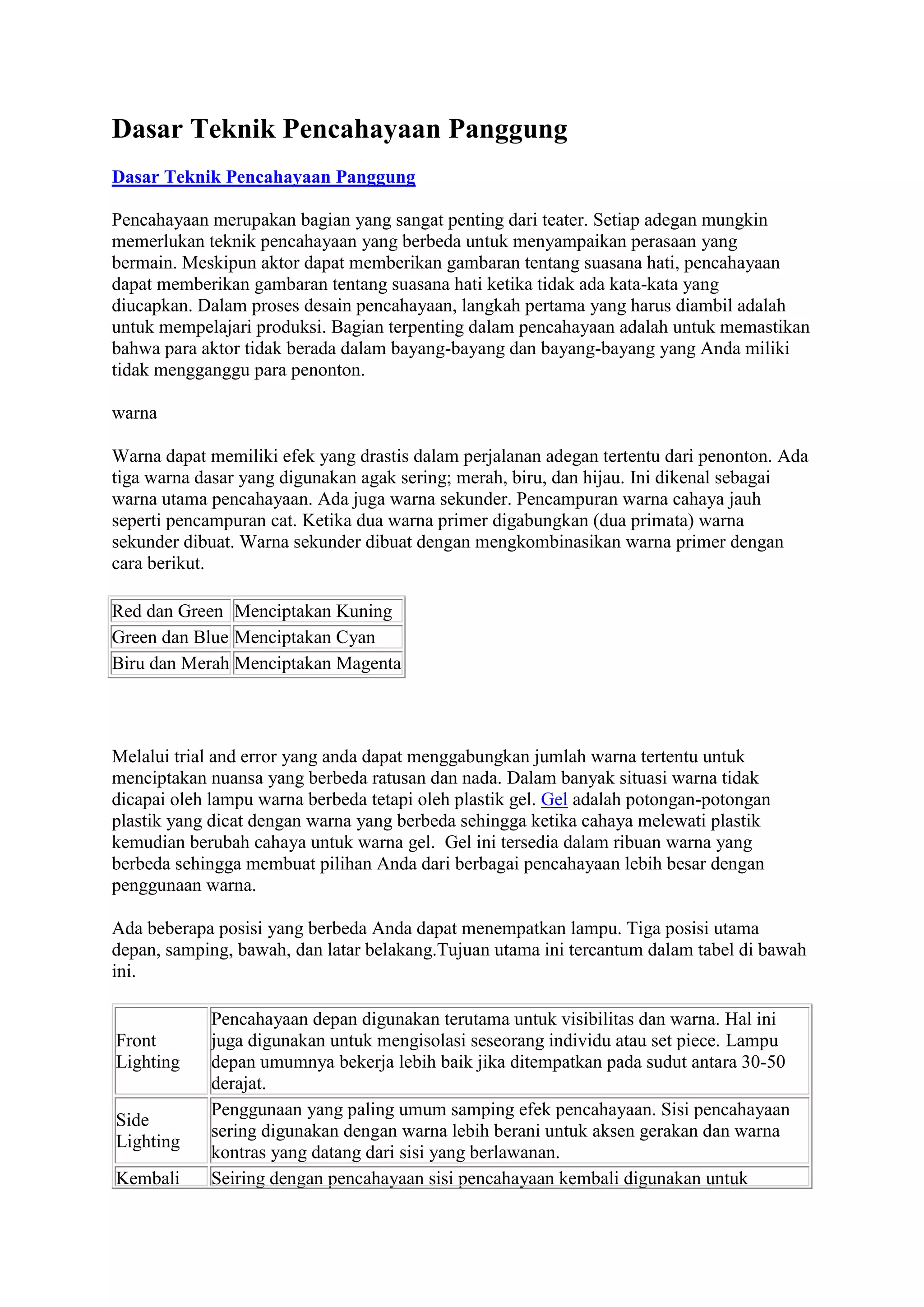 Dasar teknik pencahayaan | DOCX