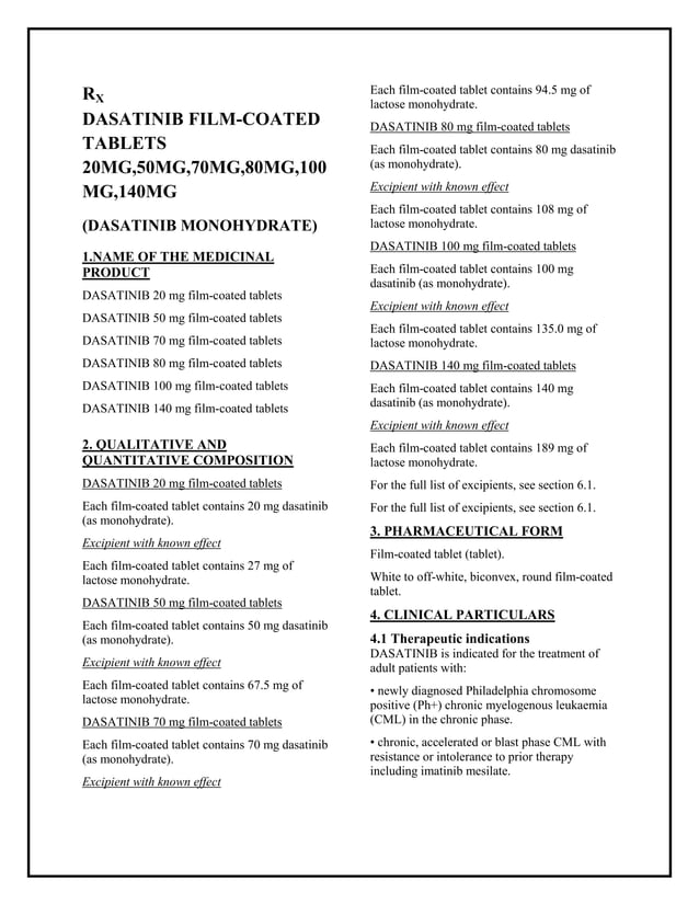Dasatinib film coated tablets smpc- taj pharmaceuticals | PDF