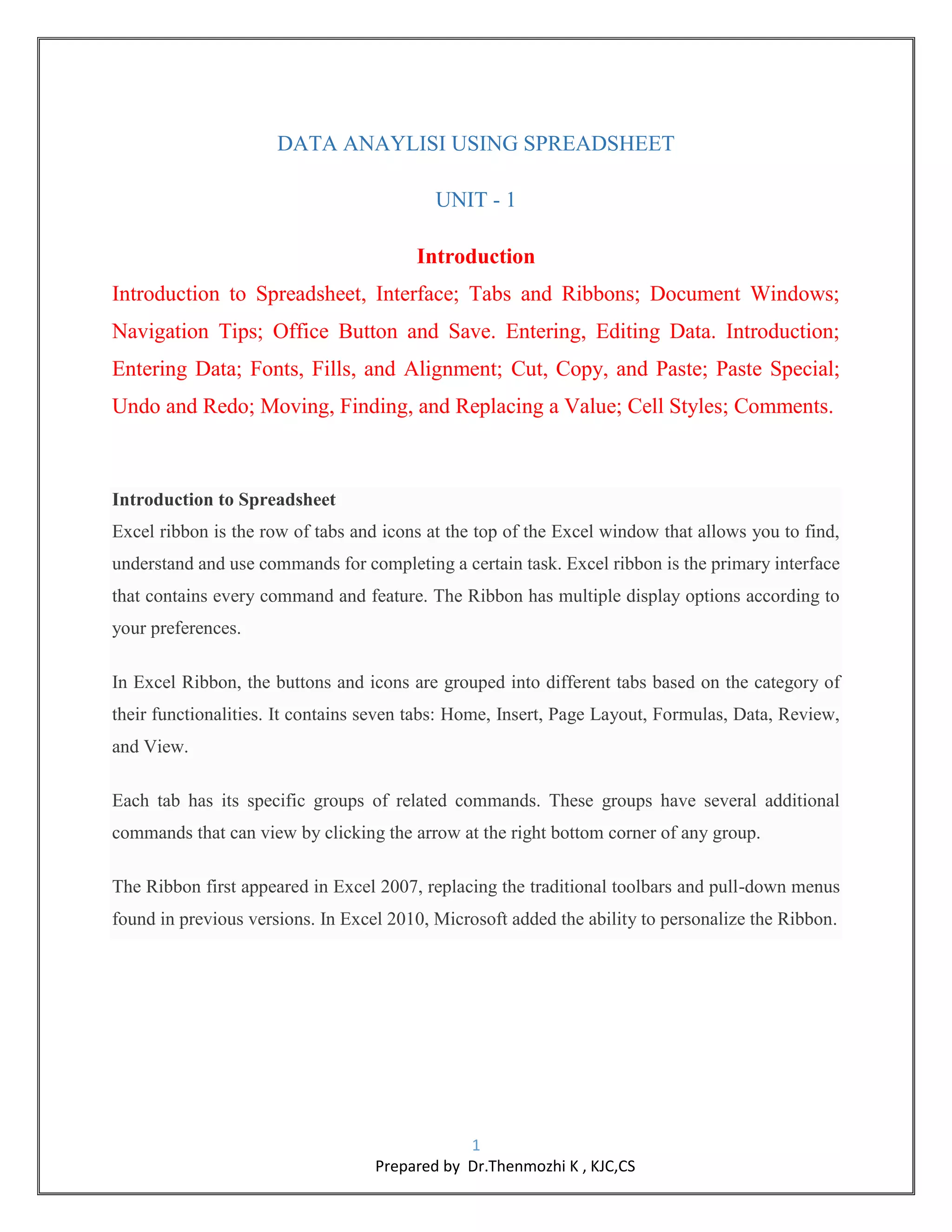 Introduction to spreadsheet | PDF