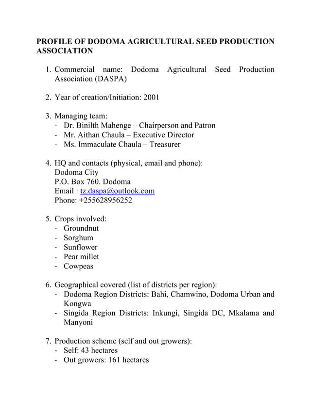 Daspa profile and workplan 2020 2021 | PDF | Agriculture | Industries