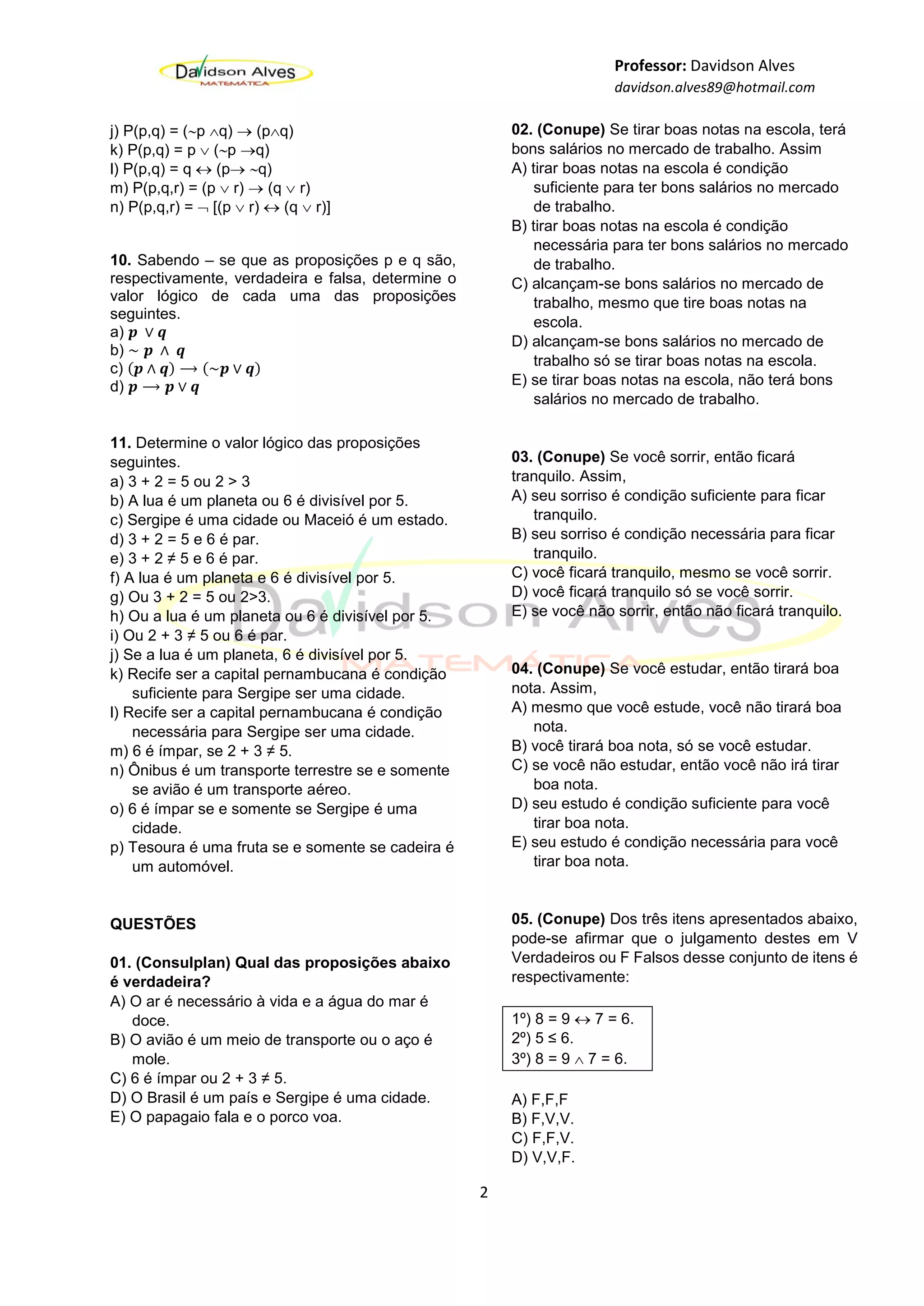 [DASS] Raciocínio Lógico - Operações lógicas e tabela verdade | PDF
