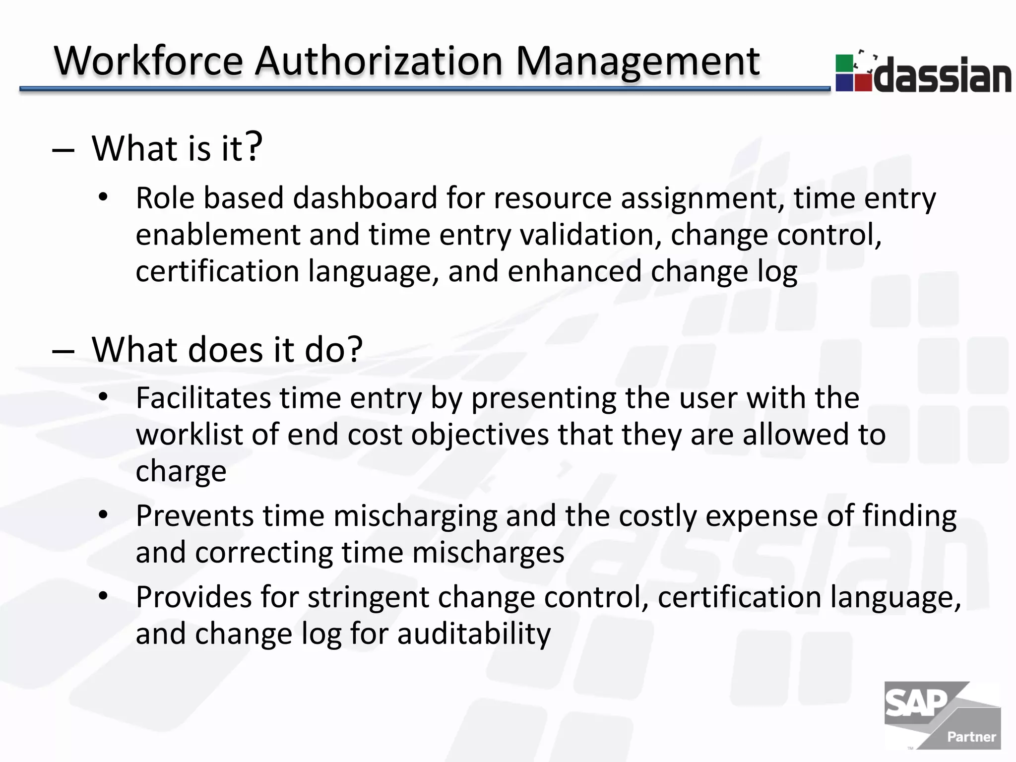 Dassian Workforce Authorization Management (WAM) | PDF