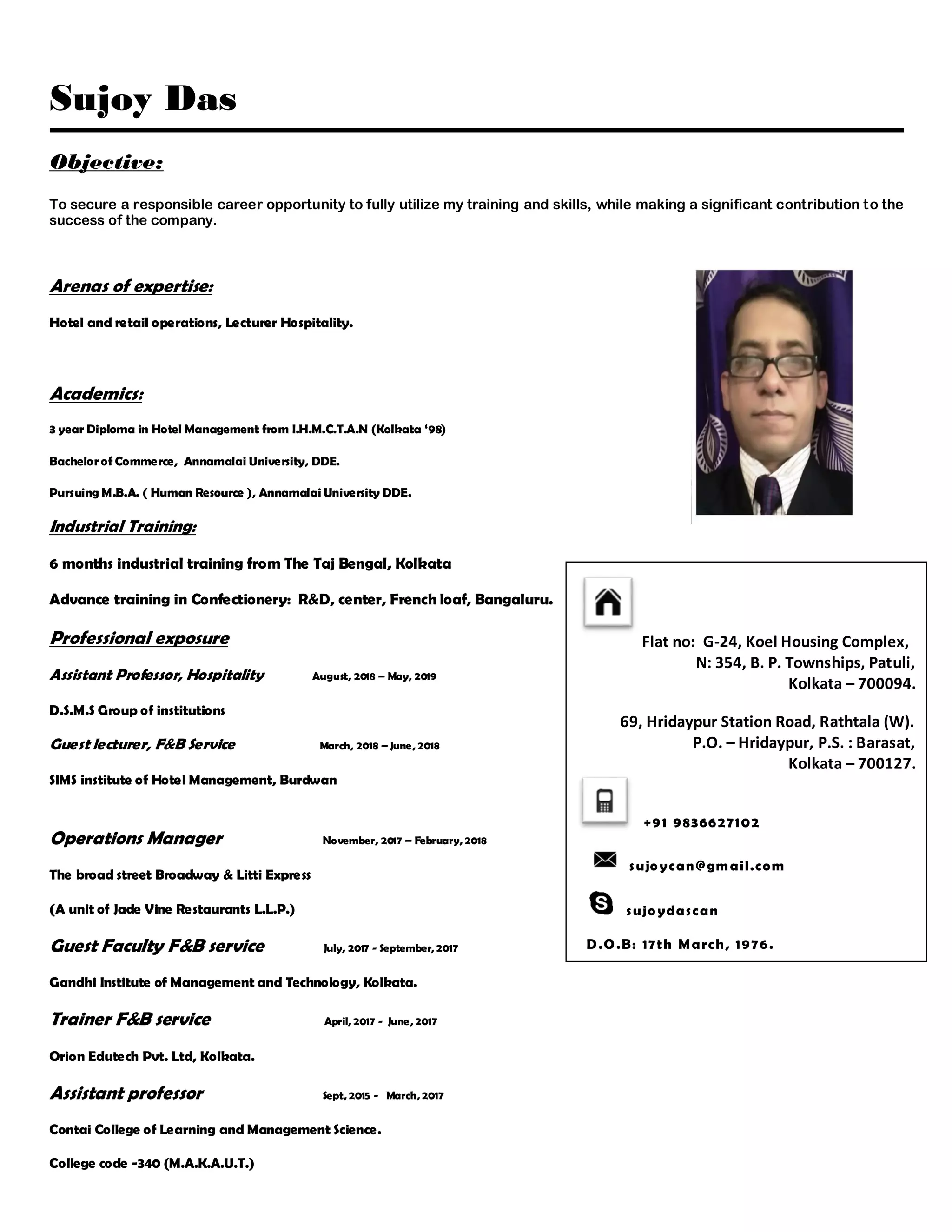 Sujoy Das Trainer/ Lecturer Hospitality Resume | PDF