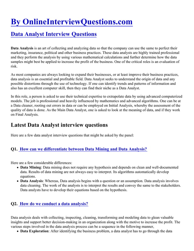 Data Analyst Interview Questions & Answers | PDF