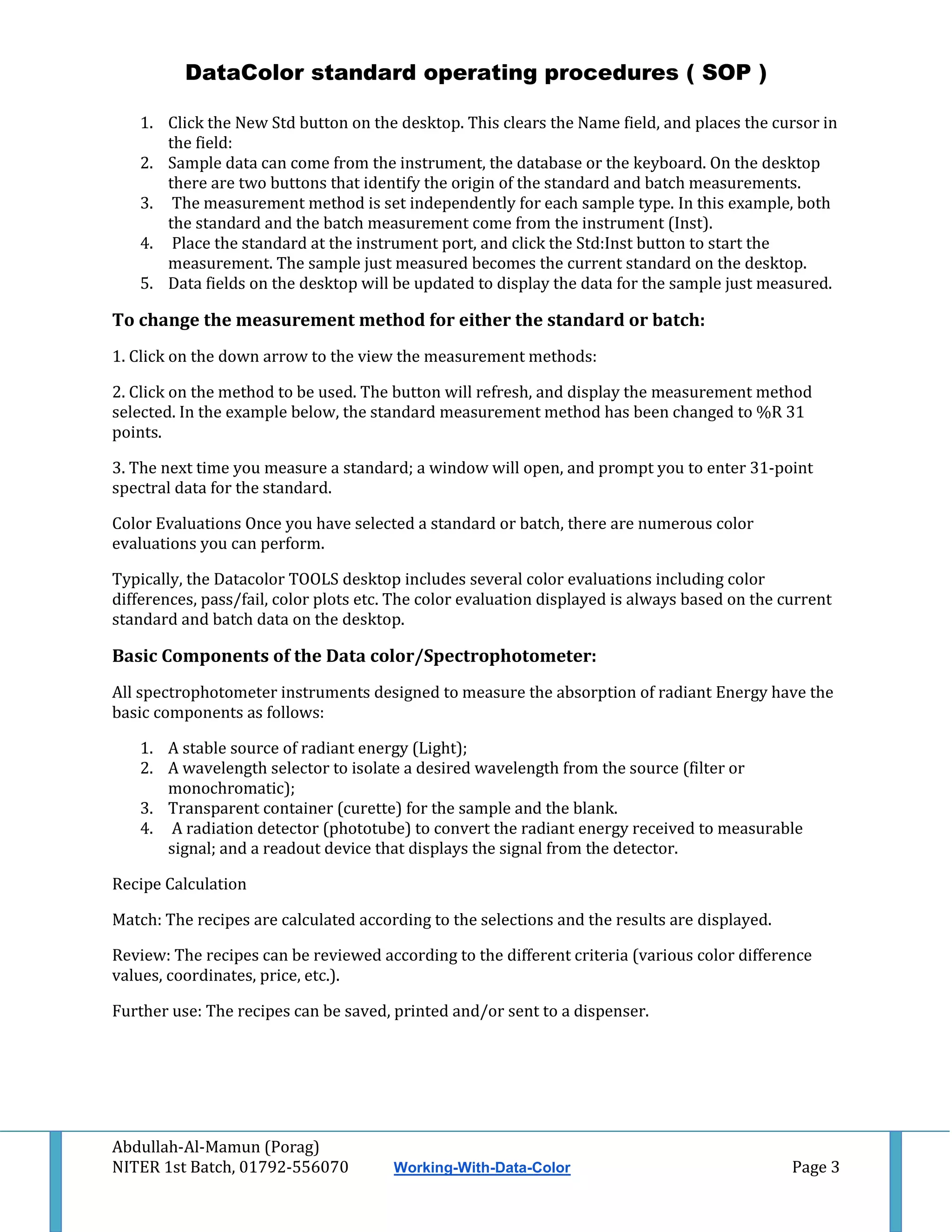 datacolor spectrophotometer working procedure | PDF