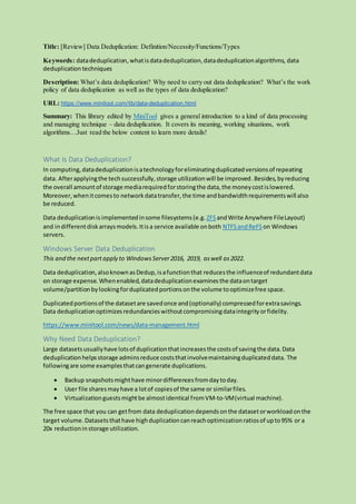 data deduplication | DOCX | Data Storage and Warehousing | Computing