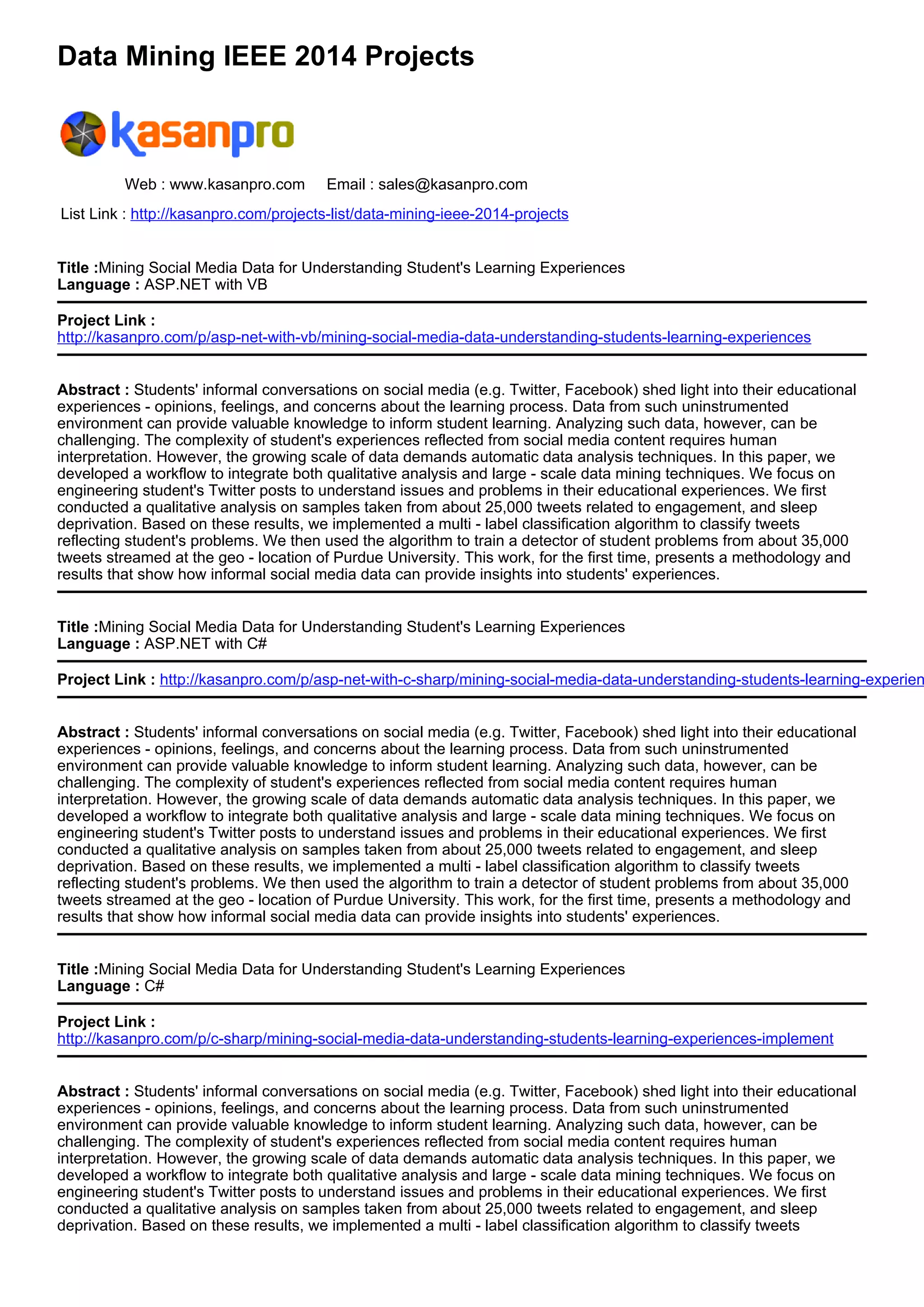 Data Mining IEEE 2014 Projects | PDF