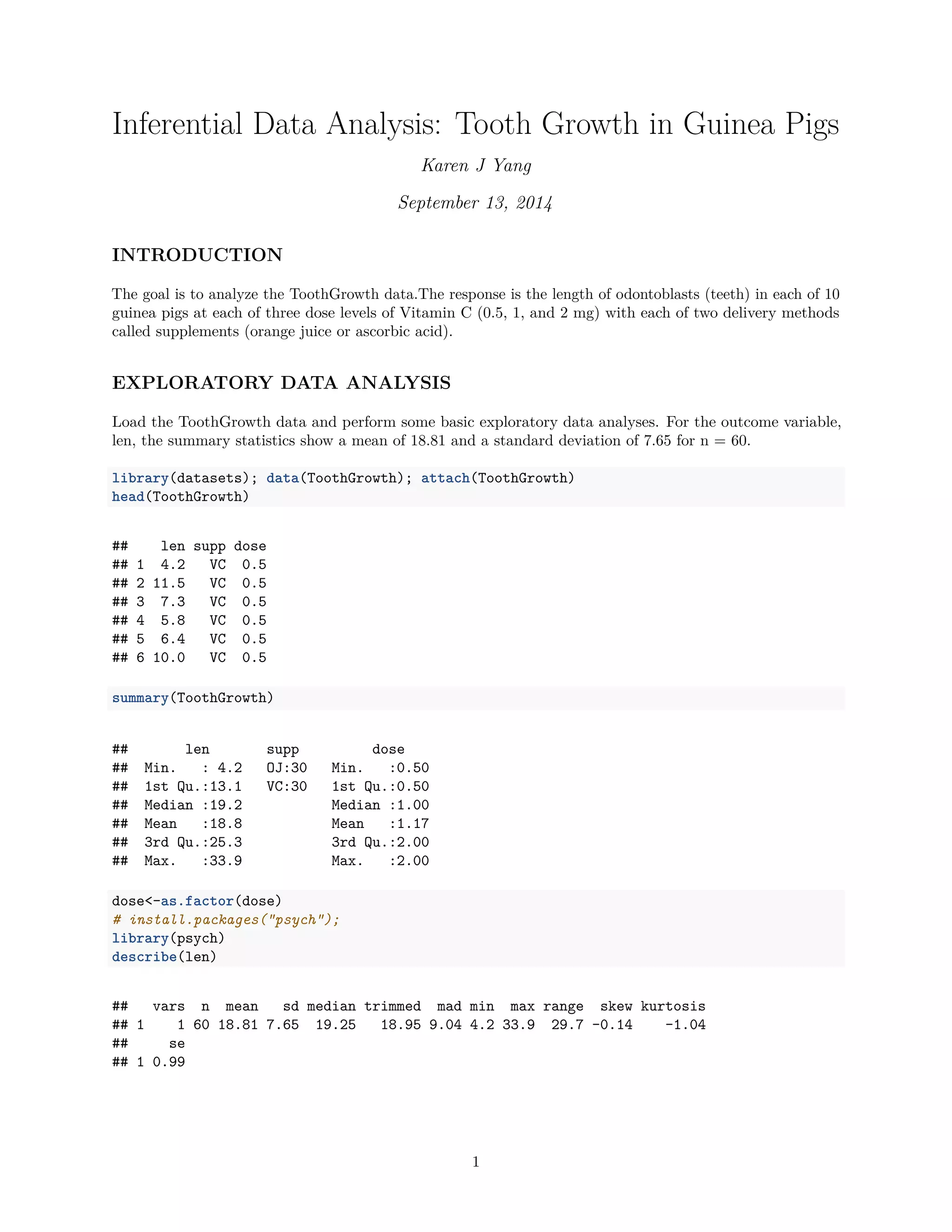 Data Analysis on Tooth Growth | PDF