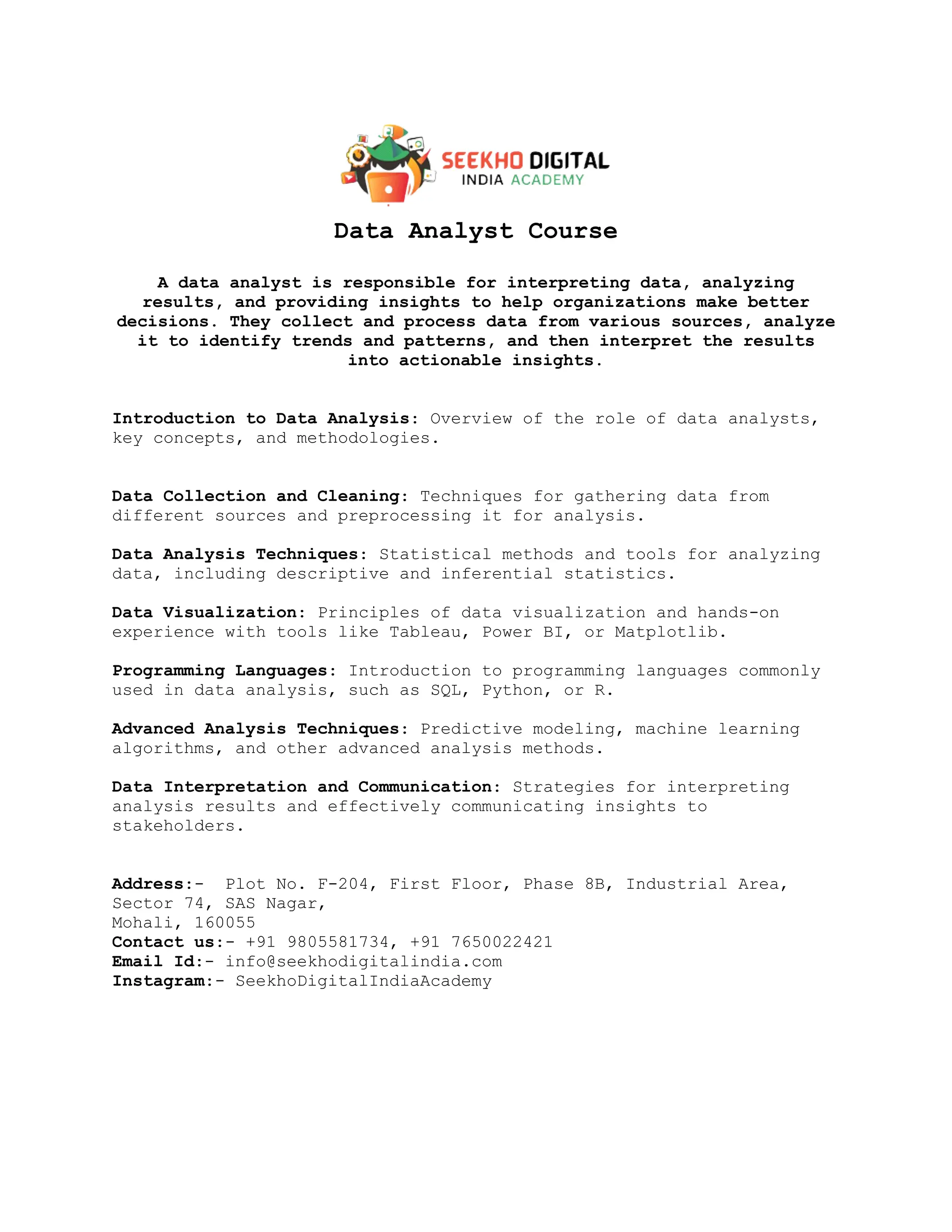 Advance Data Analyst Courses In Mohali Pdf