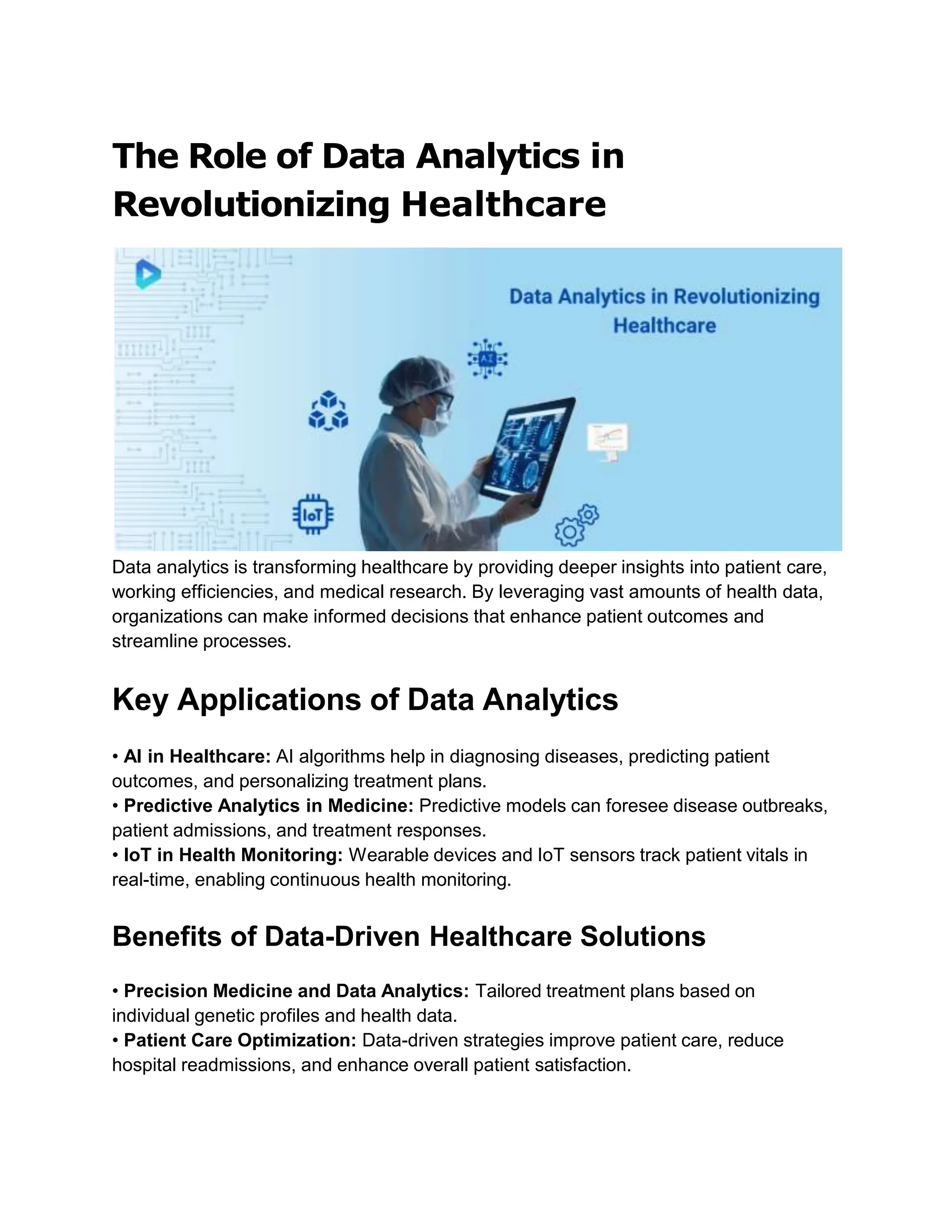 Role Of Data Analytics In Revolutionizing Healthcare | PDF