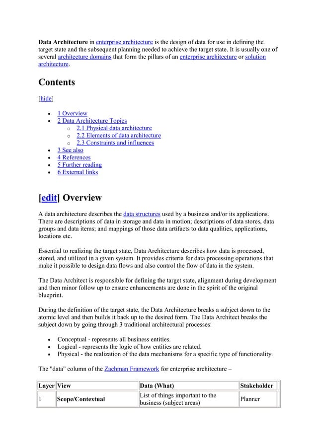 Data architecture in enterprise architecture is the design of data for use in defining the ...