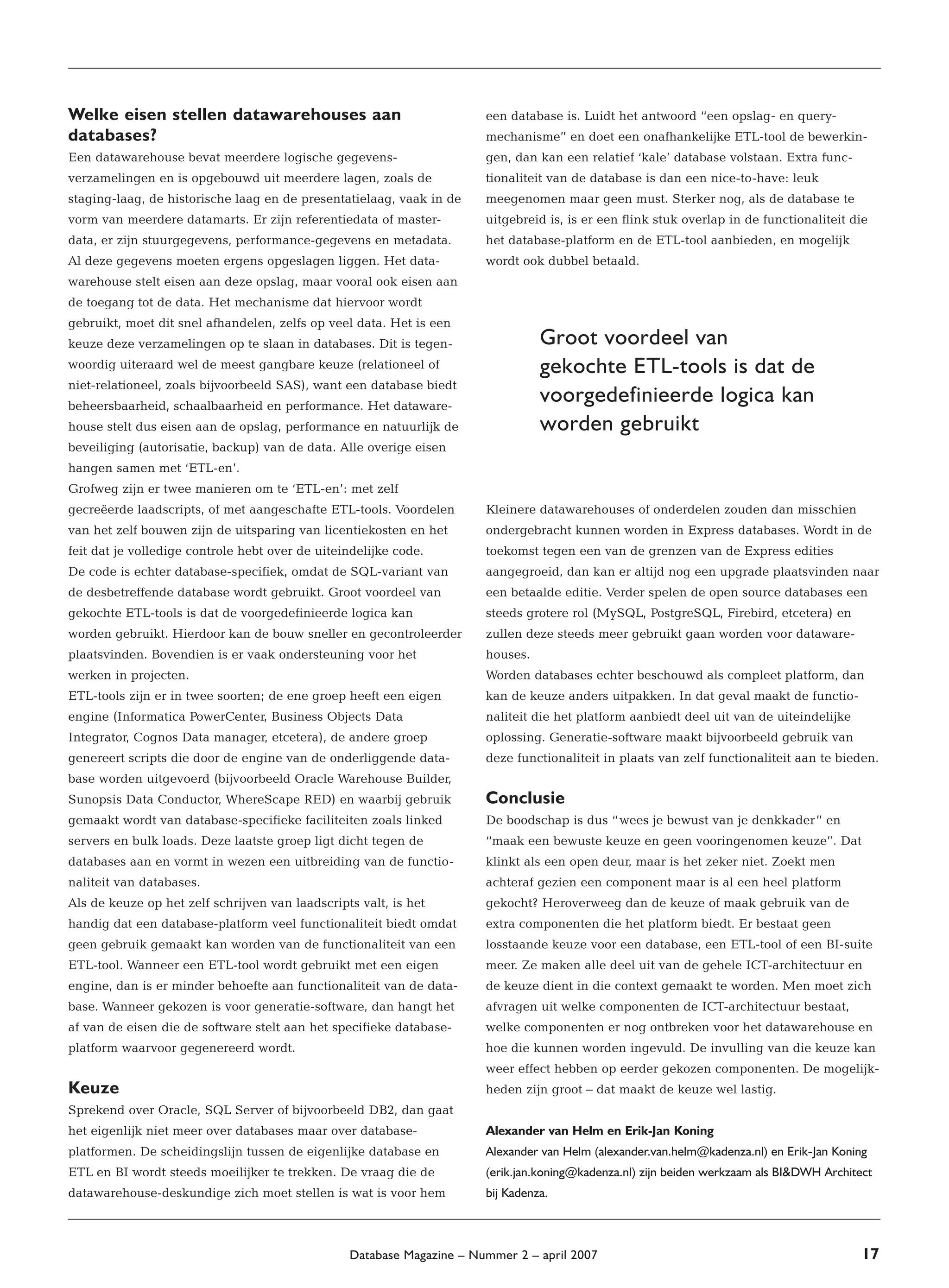 Database Platformen Versus Etl Tools | PDF