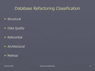 Database Refactoring Sreeni Ananthakrishna 2006 Nov | PPT