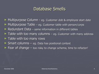 Database Refactoring Sreeni Ananthakrishna 2006 Nov | PPT