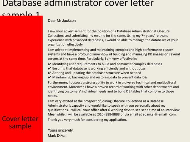 Database administrator cover letter | PPT