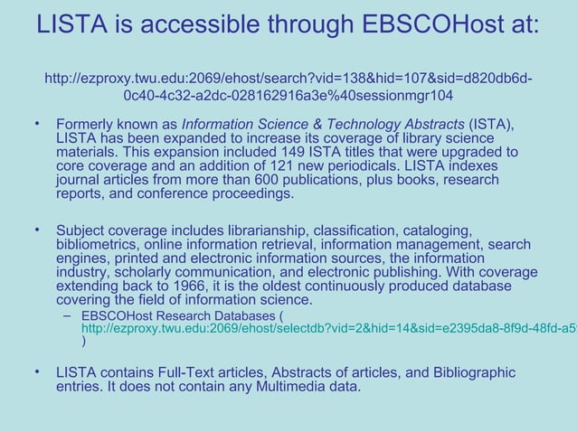 LISTA Database Analysis | PPT