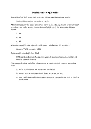 Database exam questions | DOC