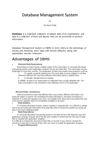 Database management system by Gursharan singh | DOCX