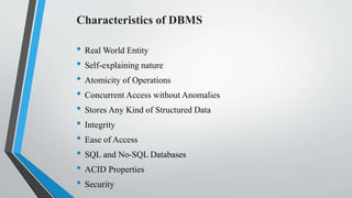 Database Management System (DBMS) | PPTX | Databases | Computer Software and Applications