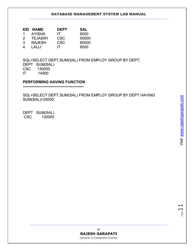 Database Management Systems Lab Manual | PDF
