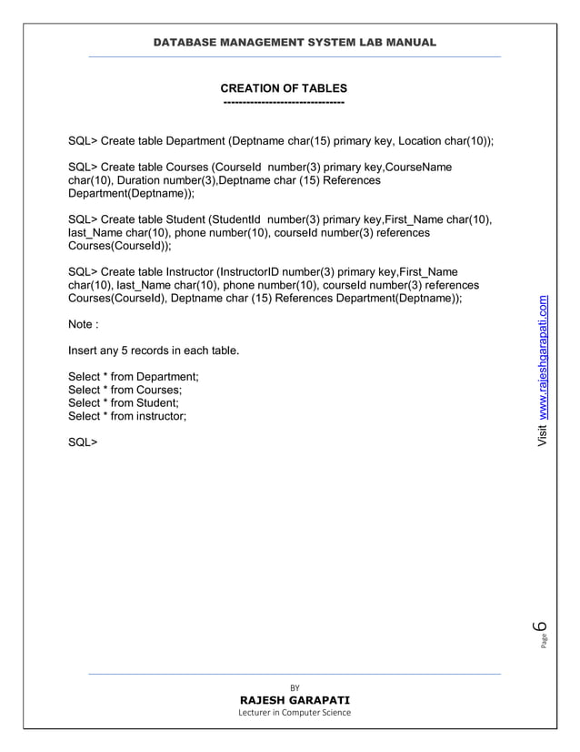 Database Management Systems Lab Manual | PDF