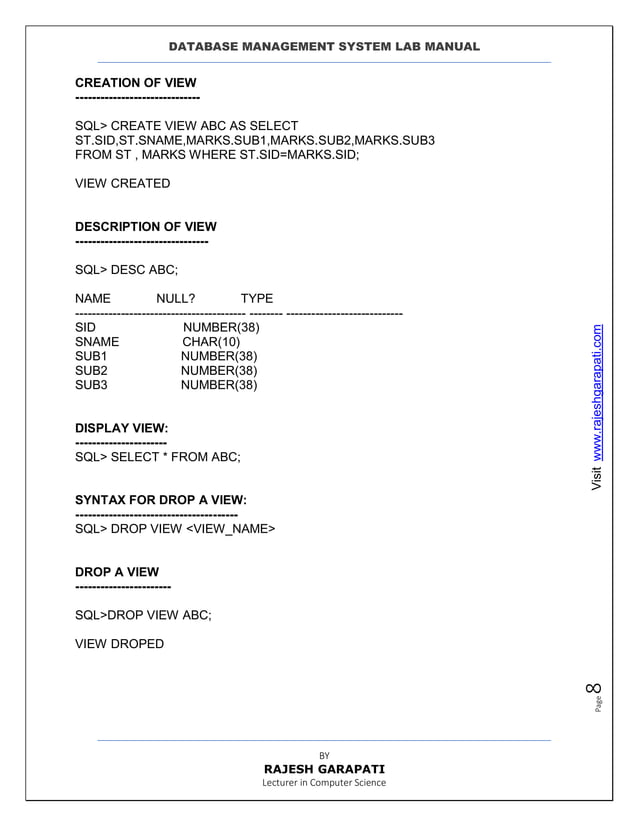 Database Management Systems Lab Manual | PDF